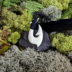 81stgeneration Maori Style Hei Matau Necklace - Hand Carved Bone Pendant - Women's Men's Surfer Jewelry - Black Cord Hawaii Necklace with Bone Fish Hook - Natural Beach Accessories