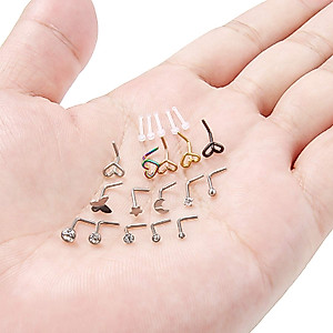 Hoeudjo 20Pcs 20G Surgical Steel Heart Nose Ring Studs L Shaped Body Jewelry Piercing Retainer for Women Men CZ Inlaid 1.5MM 2MM 2.5MM 3MM Moon Star Ball Flat Top Silver Rose Gold Black Nostril
