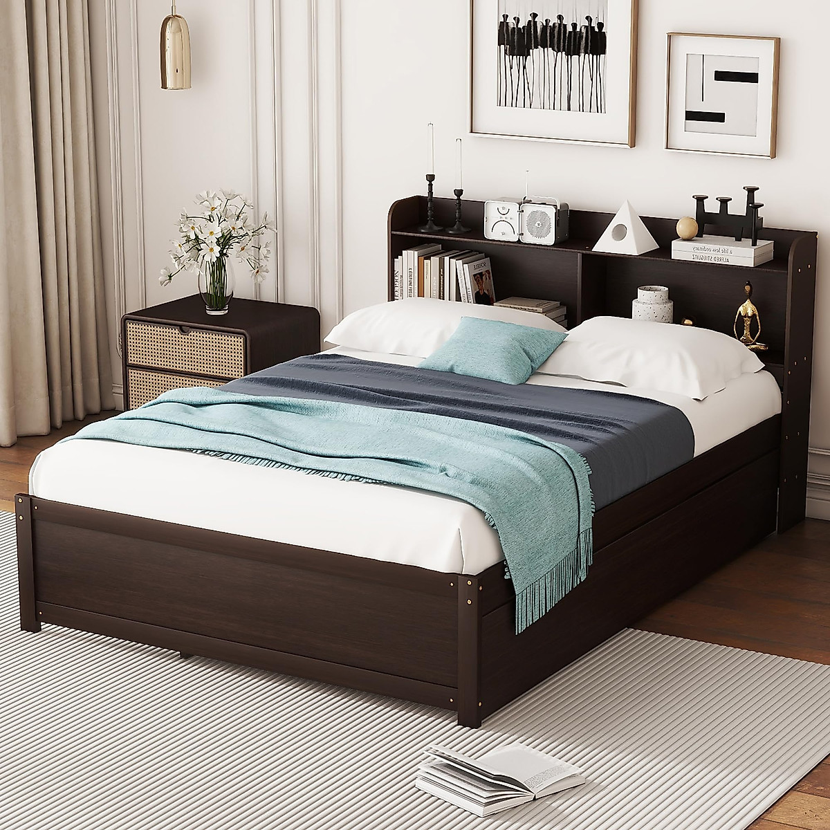 Harper & Bright Designs Full Bed Frame with Trundle, Full Trundle Bed with Bookcase Headboard, Wood Full Size Platform Bed with Twin Trundle Bed Under for Kids Girls Boys, Espresso