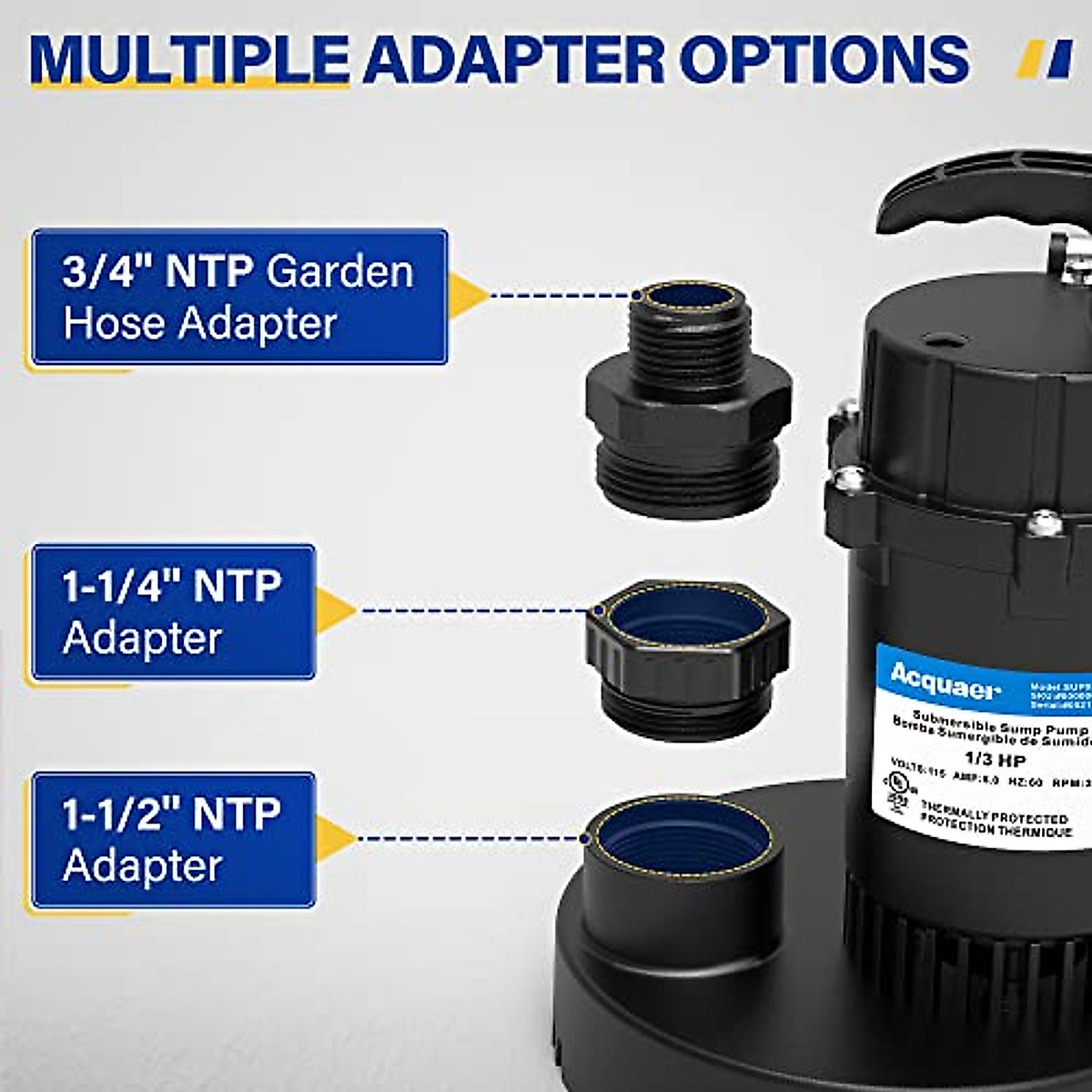Acquaer 1/3HP Sump Pump, 3040GPH Submersible Clean/Dirty Water Pump with Automatic Float Switch and 10ft Power Cord Sub Pump for Basement, Pool, Pond, Drain, Flooded Cellar, Aquarium and Irrigation
