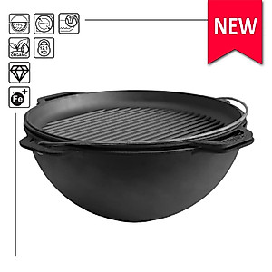 Cast Iron Dutch Oven Brizoll 15.85 Quarts (15L) - Premium Camping Cookware - Cast Iron Cookware Set - Camping Dutch Oven Pot with Lid - Asian Cauldron - Uzbek Kazan Cast Iron - Grill Frying Pan Lid
