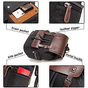 LACATTURA Vintage Leather Backpack for Men and Women, Denim Canvas College Travel Laptop Rucksack Vegan Daypack - Black