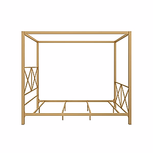DHP Rosedale Metal Canopy Bed Frame with Four Poster Design and Geometric Accented Headboard and Footboard, Underbed Storage Space, Queen, Gold