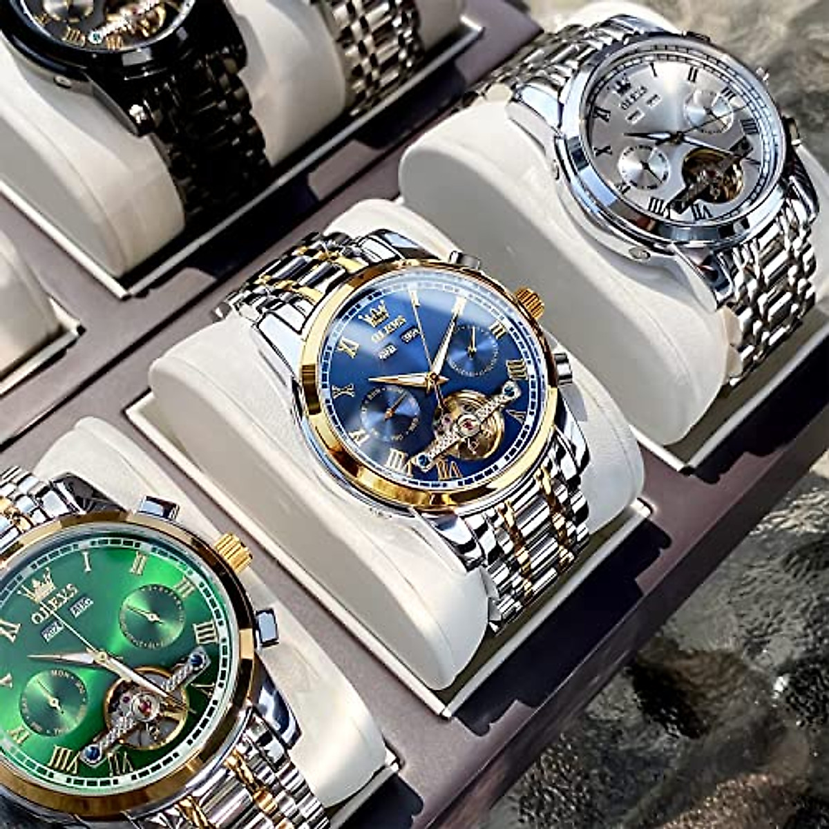 OLEVS Self Winding Blue Watches for Men Automatic Mechanical Tourbillon Stainless Steel Waterproof Luminous Luxury Dress Wrist Watches