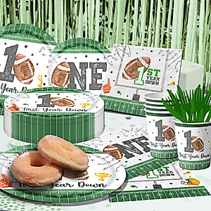 142Pcs First Year Down Football Birthday Party Decorations Football Tableware Set with Plates Napkins Cups Tablecloth and Banner First Year Down Birthday Party Decorations Football Party Decorations