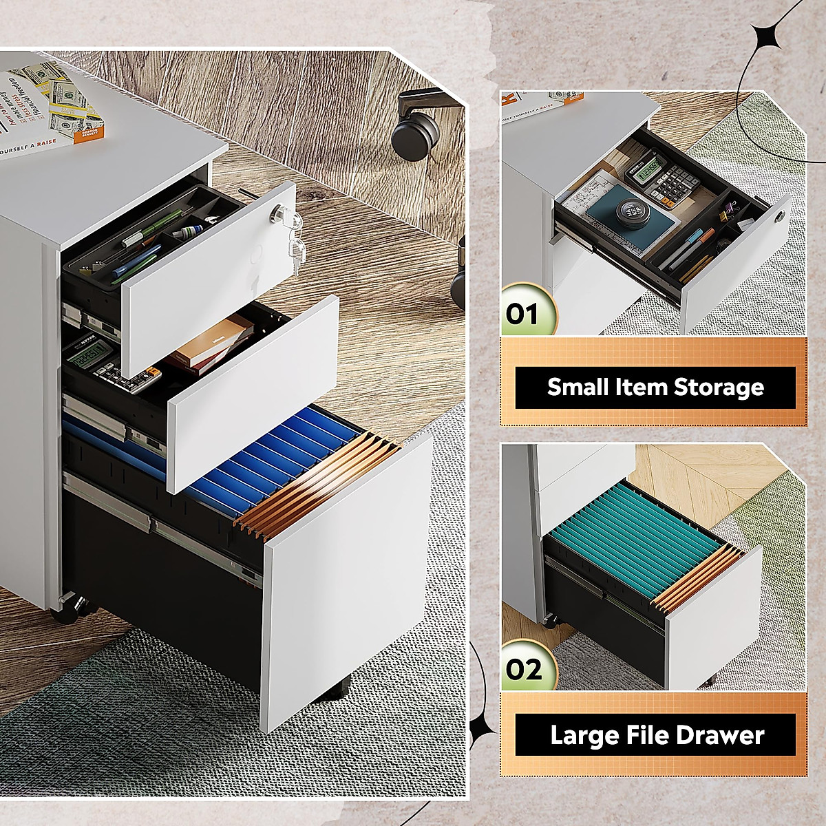 DEVAISE White File Cabinet, Small Filing Cabinet with 3 Drawers with Slim Width for Home Office, Rolling Under Desk Cabinet (11.8 inch)