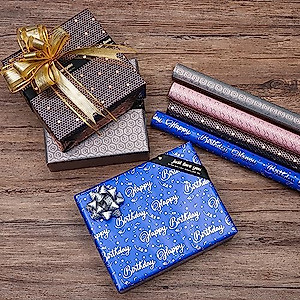 THMORT Wrapping Paper Roll with a Cutter Kit for Birthday Boys&Girls,Adults,Kids.17 Inch X 120 Inch Embossed Foil Wrapping Paper for Gift wrapping Royal Sapphire Blue Pink Black.