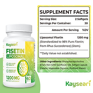 Kayseari Fisetin 1200mg Liposomal Fisetin Supplements 98% Pure Fisetin Polyphenols Antioxidants Immunity Health Aging Cognitive Support Non-GMO 120 Capsules