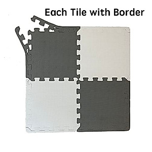 18 Pieces Foam Play Mat, Interlocking Playmat Tiles, Foam Floor Mat Tiles for Kids, Puzzle Play Mat, Exercise Gym Mats – Color of Gray & White with Border