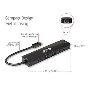 Club 3D CSV-1596 USB Gen1 Type-C, 6-in-1 Hub with HDMI 8K30Hz-4K120Hz, 2xUSB Type-A, RJ45 and 2xUSB Type-C, Data and PD Charging 100 watt