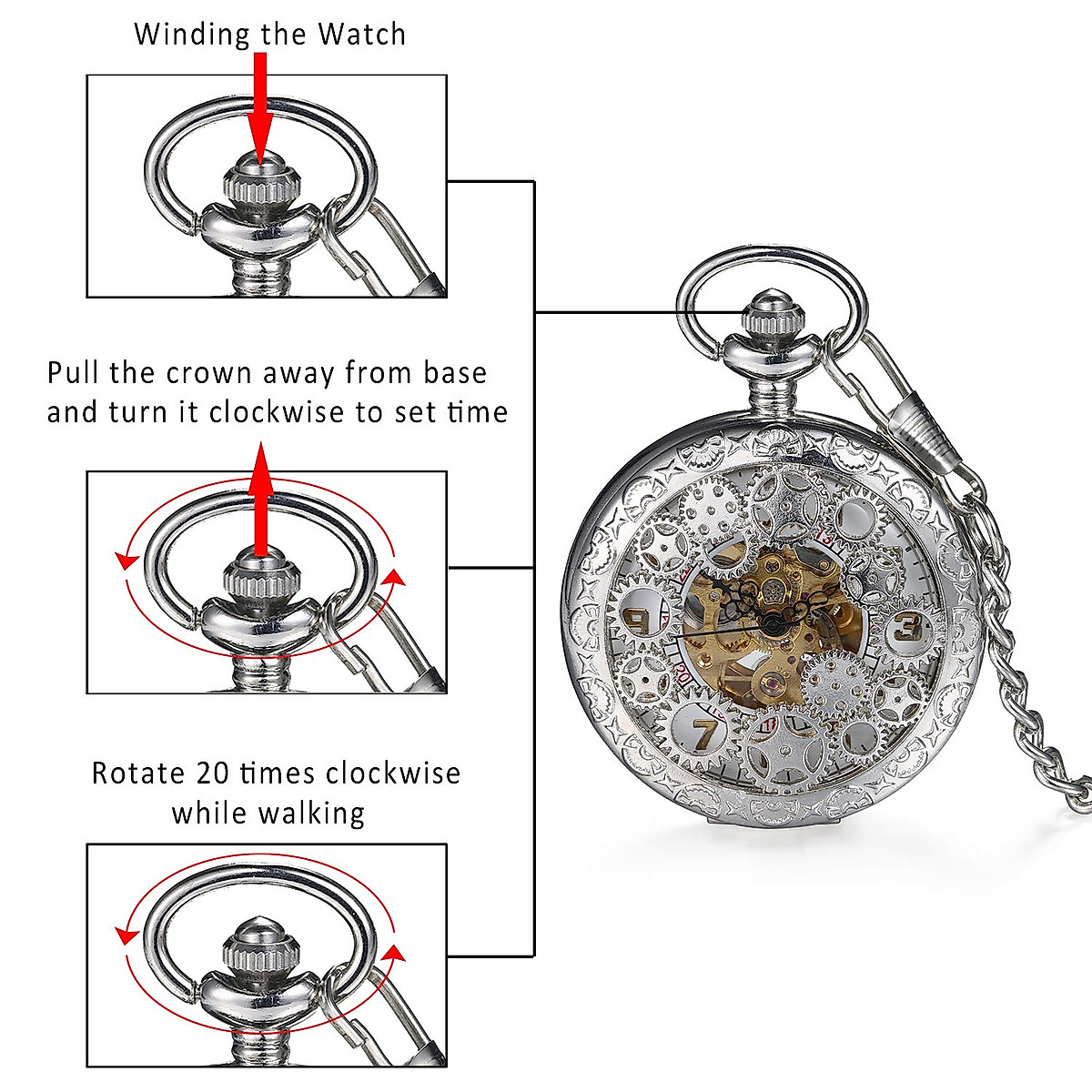 Avaner Steampunk Retro Half Hunter Copper Gear Skeleton Hand Wind Mechanical Roman/Arabic Numeral Analog Display Pocket Watch with 14" Chain (Silver)