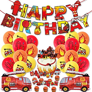 Firefighter Birthday Party Supplies Fire truck Party Decorations Fire Truck Balloon Fire Banner Firetruck Cupcake Toppers with Ribbons and Some Adhesive Silicone Points