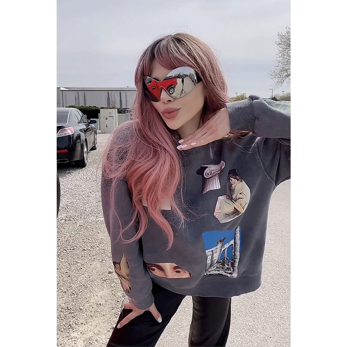 Crazy Feng Oversized Futuristic Sunglasses For Women Men,Fashion Rimless Y2k Sunglasses Trendy Shield Wrap Around Sunglasses Silver Shades