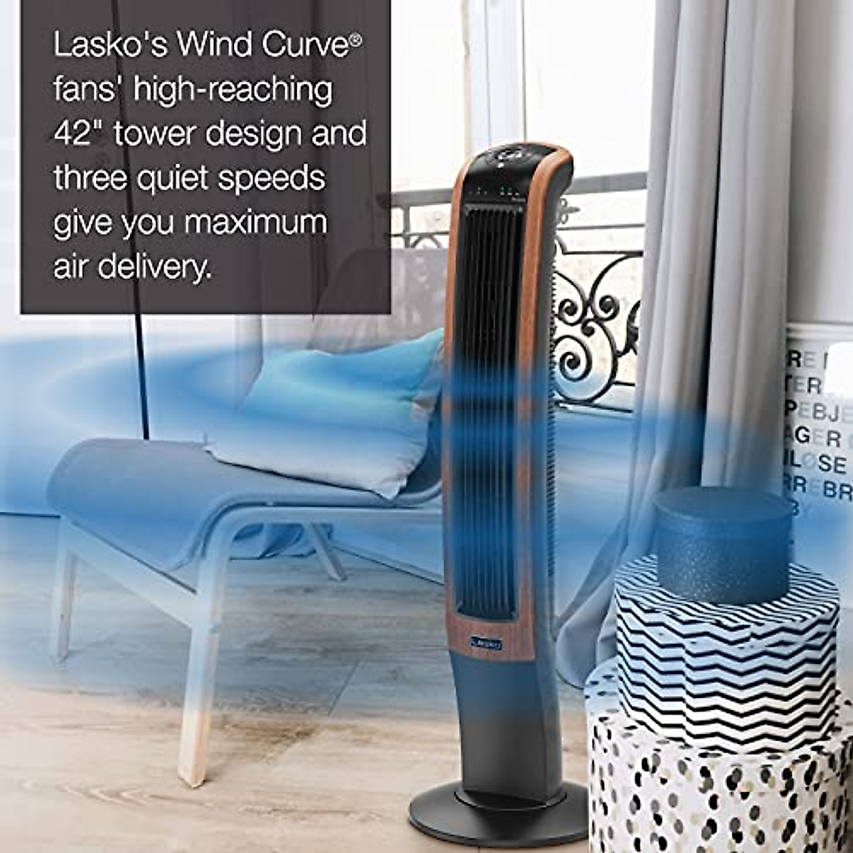 Lasko Wind Curve Electric Oscillating Tower Fan with Bluetooth Technology for Indoor, Bedroom and Home Office Use, 42", Woodgrain T42905
