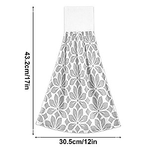Grey White Geometry Floral Leaves Hanging Kitchen Towel 12 x 17 Inch Gray Spring Flowers Hand Tie Towels Set 2 Pcs Tea Bar Dish Cloths Dry Towel Soft Absorbent Durable for Bathroom Laundry Room Decor
