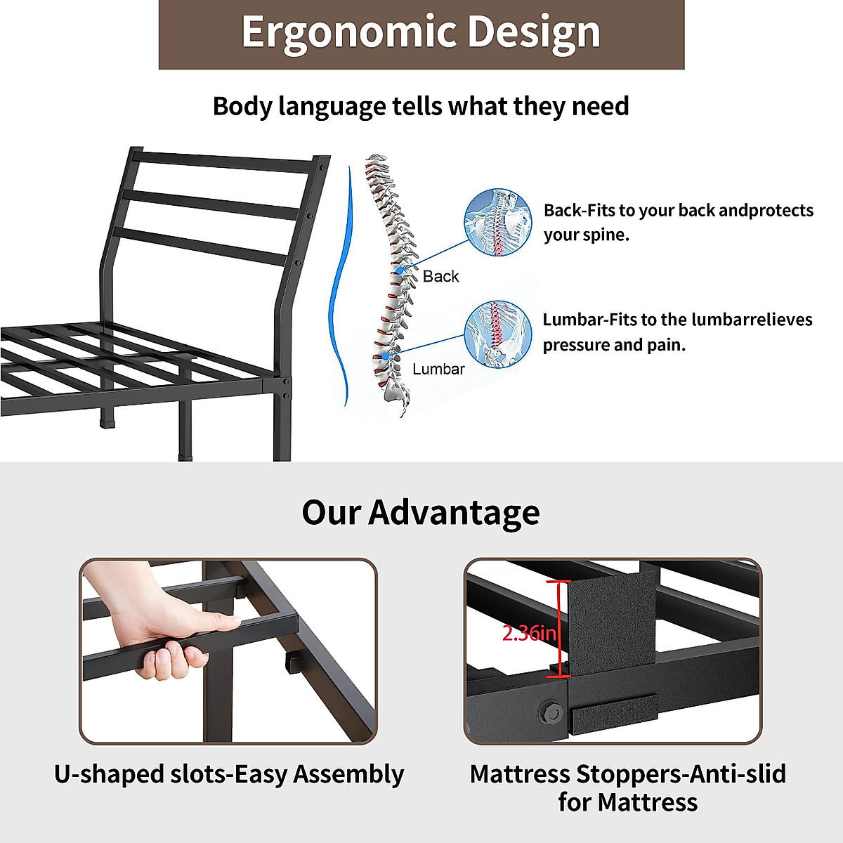 ROIL Full Size Metal Bed Frame with Headboard, 14inch Black Heavy Duty Platform with Steel Slats Support and Mattress Stoppers, 3500LBS No Box Spring Needed, Easy Assembly Noise-Free