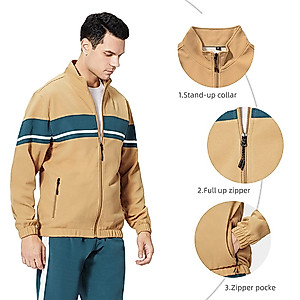LBL Leading the Better Life Men's Activewear Full Zip Warm Tracksuit Sports Set Color Matching Casual Sweat Suit Khaki XL