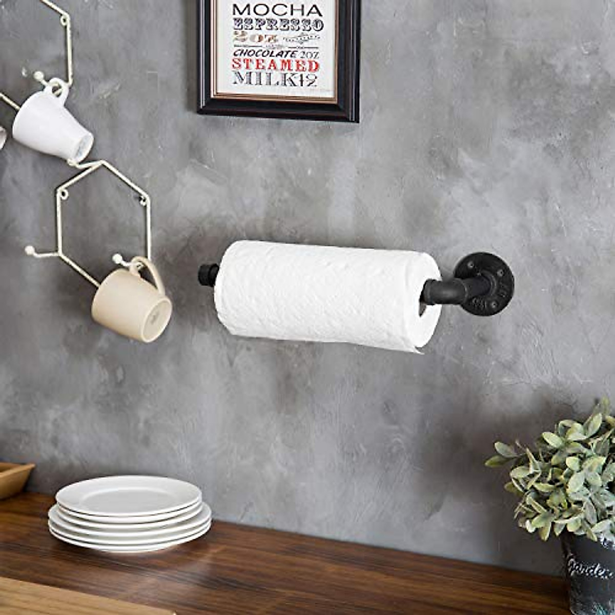MyGift Industrial Pipe Matte Black Metal Paper Towel Holder Under Cabinet or Wall Mounted Kitchen Towel Rack