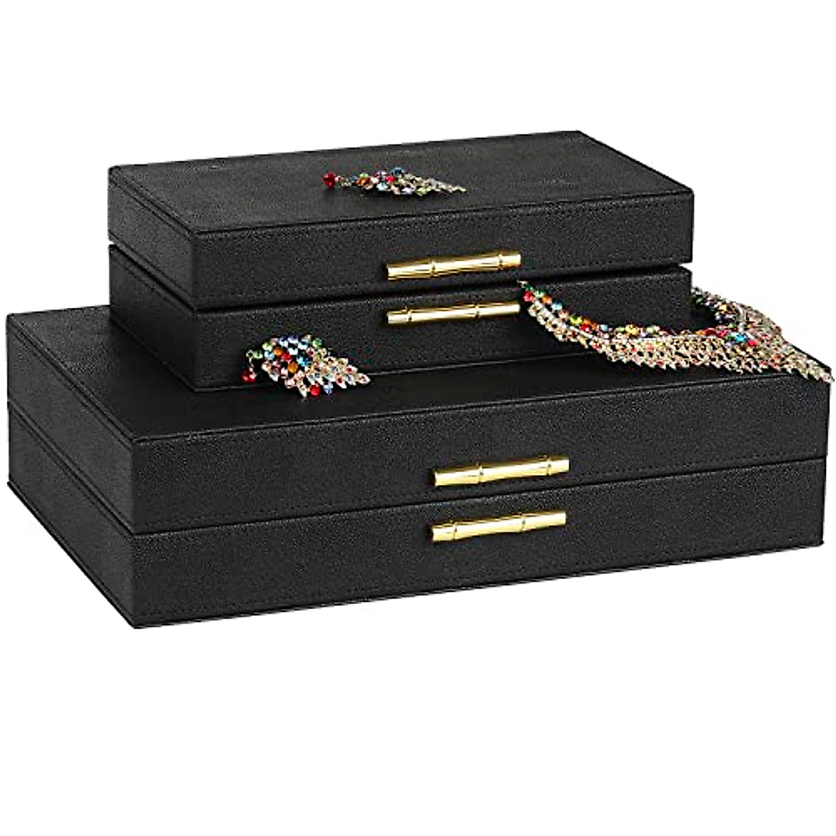ZIKOUL Modern Decor Box Black Shagreen Leather Decorative boxes with lids for Home Decor Wooden Box With Hinged Lid