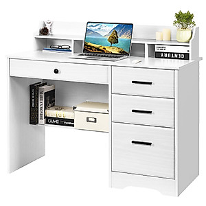 MaverickFurni White Desk with 4 Drawers, Computer Desk with Drawers and Hutch&Shelf, Wood Writing Home Office Workstation, Student Desks for Bedooms with Drawers, 38.2” H x20.5” D x44” W - White