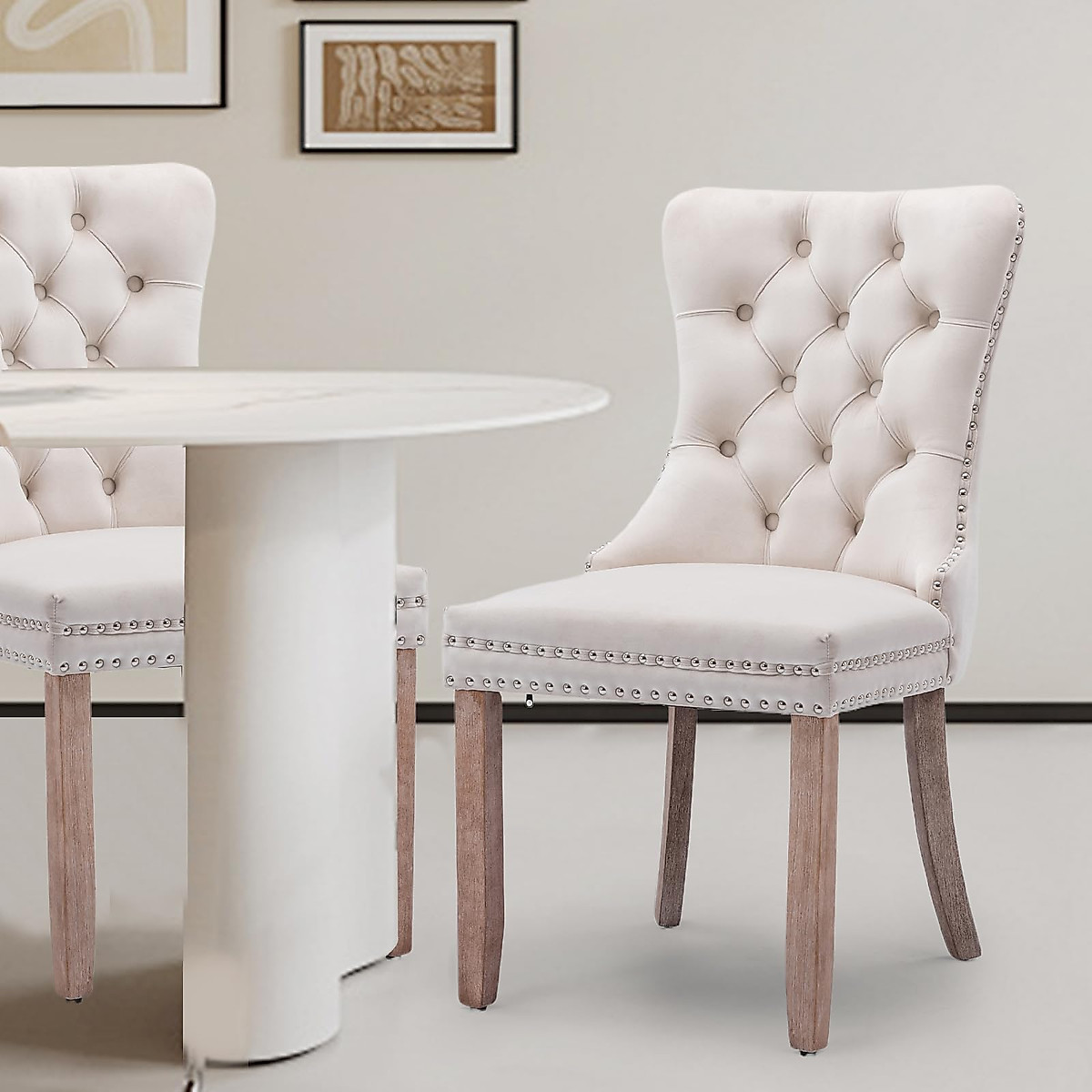 SoarTalent Velvet Upholstered Dining Chairs Set of 6, Modern Style Kitchen Side Chairs with Nailhead Trim and Wood Legs,Metal Pulling Ring for Dining Room Living Room(Beige,Set of 6)