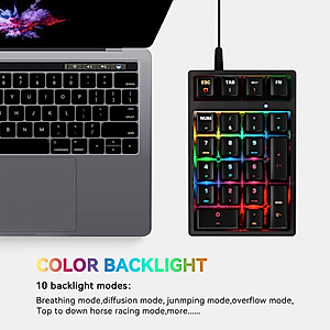 JPHTEK Number Pad, Mechanical USB Wired Numeric Keypad with Blue LED Backlit 21 Key Mini Numpad for Laptop Desktop Computer PC Black