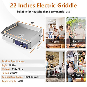 Giantex Commercial Griddle, 22" Electric Griddle 2000W, Cast Iron Griddle, Stainless Steel Frame, 122℉-572℉ Adjustable Temperature Control, Removable Oil Storage Box, Restaurant Teppanyaki Grill