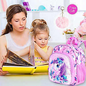 KLFVB Toddler Backpack for Girls,Cute Unicorn Bookbag for Little Kids,12” Sequin Kindergarten Preschool Schoolbag