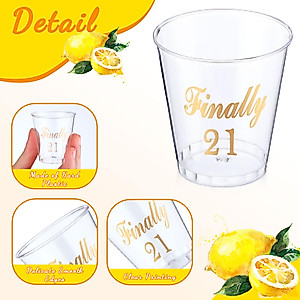 Roshtia 100Pcs 21st Birthday Shot Glass Finally 21 Plastic Shot Glass Disposable Shot Glass 2 oz Sample Cup Clear Plastic Shot Cup for Him Her Celebrate Twenty One 21st Birthday Party Supplies (Gold)