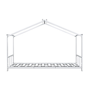 Wakefit Twin Size Montessori Floor Bed with Headboard and Footboard, Metal House Bed Frame with Soundproof Strip for Children, Toddlers, Boys, Girls Bedroom, Kids Playroom, No Box Spring Needed(White)