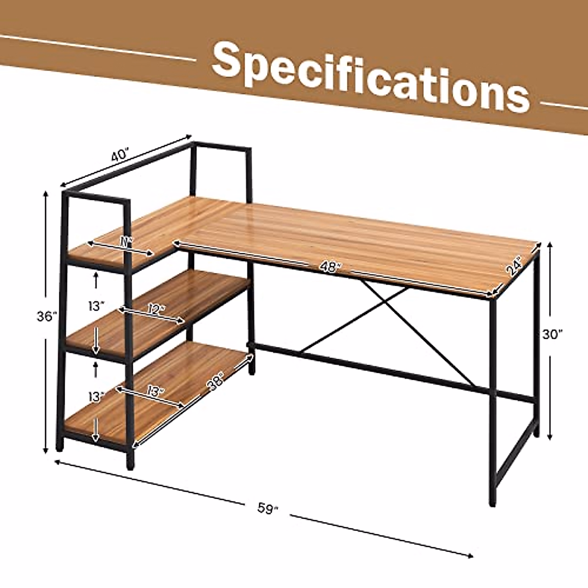 Tangkula Reversible L-Shaped Computer Desk, Space Saving Corner Desk with 3-Tier Storage Shelves & Metal Frame, Modern Executive Home Office Desk, PC Laptop Desk Workstation for Small Space (Walnut)