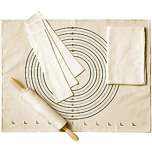 6 Pcs Pastry Cloth and Rolling Pin Cover Set Includes 2 Pcs 25 x 20 Inch Large Cotton Pastry Mat 4 Pcs 14 x 2.5 Inch Rolling Pin Cover Sleeves for Dough Bread Pie Baking Kitchen Supplies