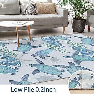 Tritard Coastal Sea Turtles Area Rugs Beach Themed Nautical Non Slip Area Rugs Stain Resistant Washable Accent Rugs Non Shedding Floor Carpet for Living Room Bedroom, Teal, 8x10 Feet