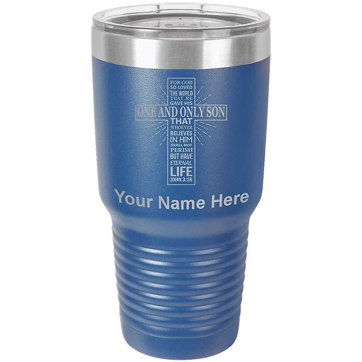 LaserGram 30oz Vacuum Insulated Tumbler Mug, Bible Verse John 3-16, Personalized Engraving Included (Dark Blue)