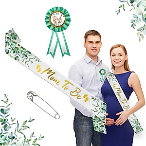 Neutral Sage Green Mom to Be Sash Baby Shower Dad To Be Pin, Gold Glitter Letters Eucalyptus Leaves Greenery Satin Sash Corsage for Pregnant Mommy Gift Party Decorations
