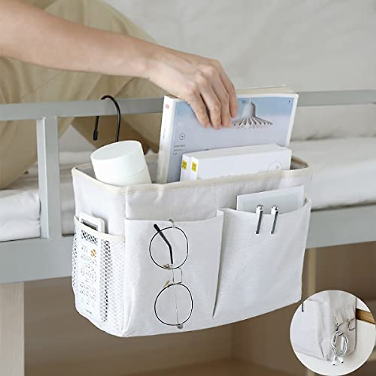 SMALIGOLA Bedside Caddy Bedside Hanging Storage Basket Multi-Function Organizer Caddy for Bunk and Hospital Beds Dorm Rooms Bed Rails, Can be Placed Glasses Books Mobile Phones Keys(White)
