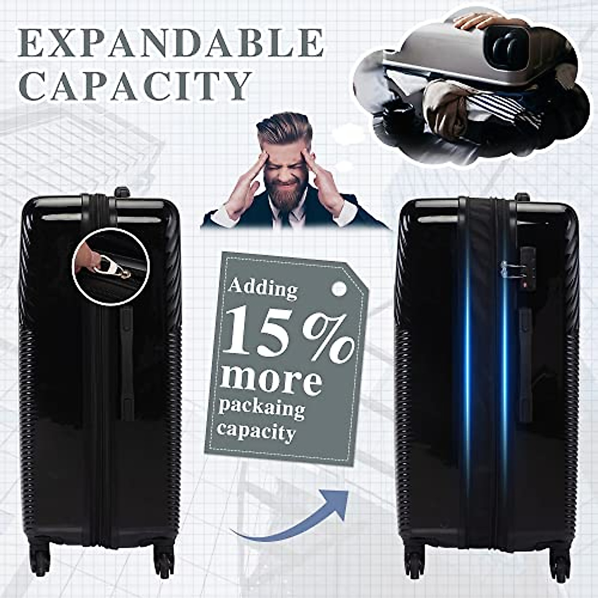 VLIVE HardShell Luggage Set with Spinner Wheel, 3 Pieces Suitcase Set with TSA Lock, Expandable Travel Suitcase Set (Black)