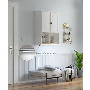 HAIOOU Bathroom Wall Cabinet with Motion Sensor LED Light, Wooden Medicine Cabinet Wall Mounted Cupboard, Over Toilet Storage Cabinet with Buffering Hinges and Adjustable Shelf - Modern White