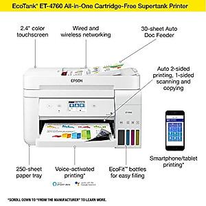 Epson EcoTank ET-4760 Wireless Color All-in-One Cartridge-Free Supertank Printer with Scanner, Copier, Fax, ADF and Ethernet - White