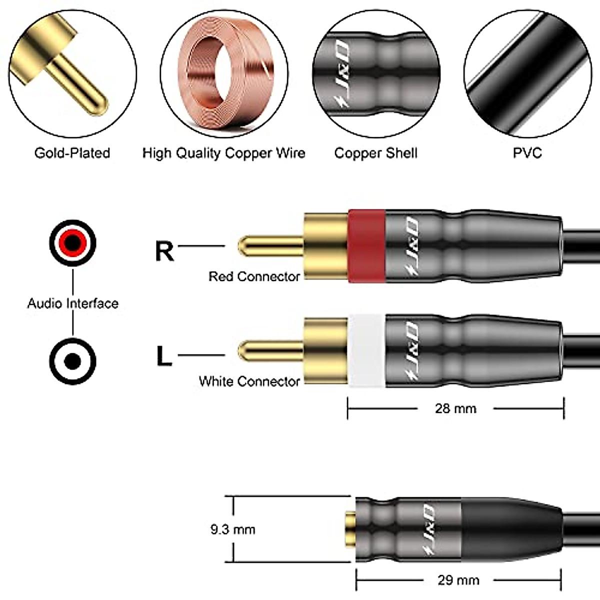 J&D 3.5 mm to Dual RCA Audio Cable, Gold Plated Copper Shell Heavy Duty 3.5mm Female to 2 RCA Male Stereo Audio Adapter Cable Adapter Cord, 1 Feet