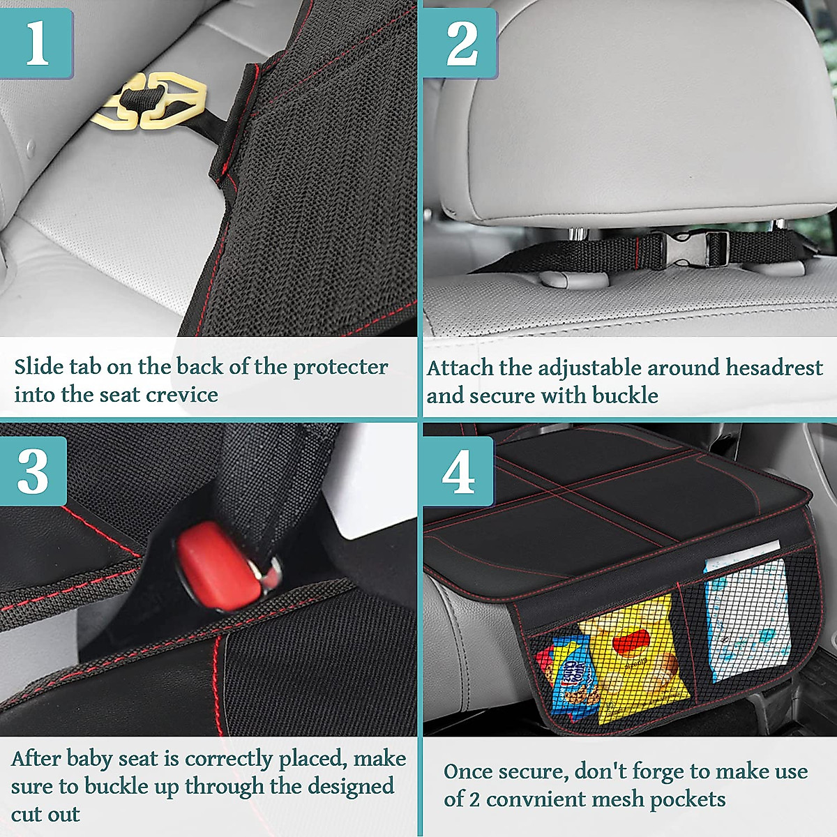 DOVODA Car Seat Protector, 2 Pack Large Auto Seat Protectors Protect Child Seats with Mesh Pocket, Thickest Padding Pat Durable, Waterproof 600D Fabric, Child Car Seat Cover for SUV Sedan Truck