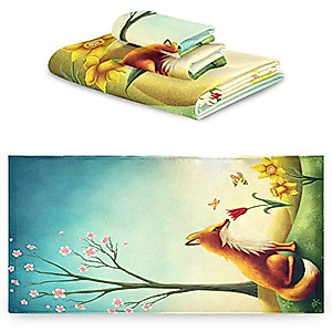 Naanle Spring Little Red Fox with Flowers Butterfly Soft Luxury Decorative Set of 3 Towels, 1 Bath Towel+1 Hand Towel+1 Washcloth, Multipurpose for Bathroom, Hotel, Gym, Spa and Beach