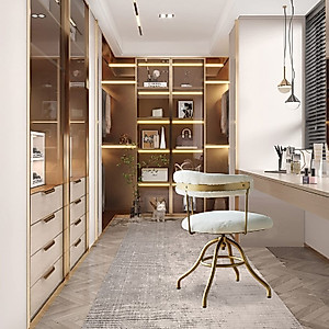 Way2Furn Vintage Desk Chair, Vanity Chair for Women, Comfy Faux Fur Accent Chair, Adjustable Swivel White Upholstered Chair for Bedroom, Cloakroom