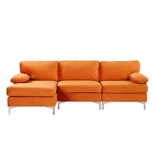 Casa Andrea Milano L-Shape Velvet Fabric Sectional Sofa Couch with Extra Wide Chaise, Couch for Living Room Apartment Lounge, Orange