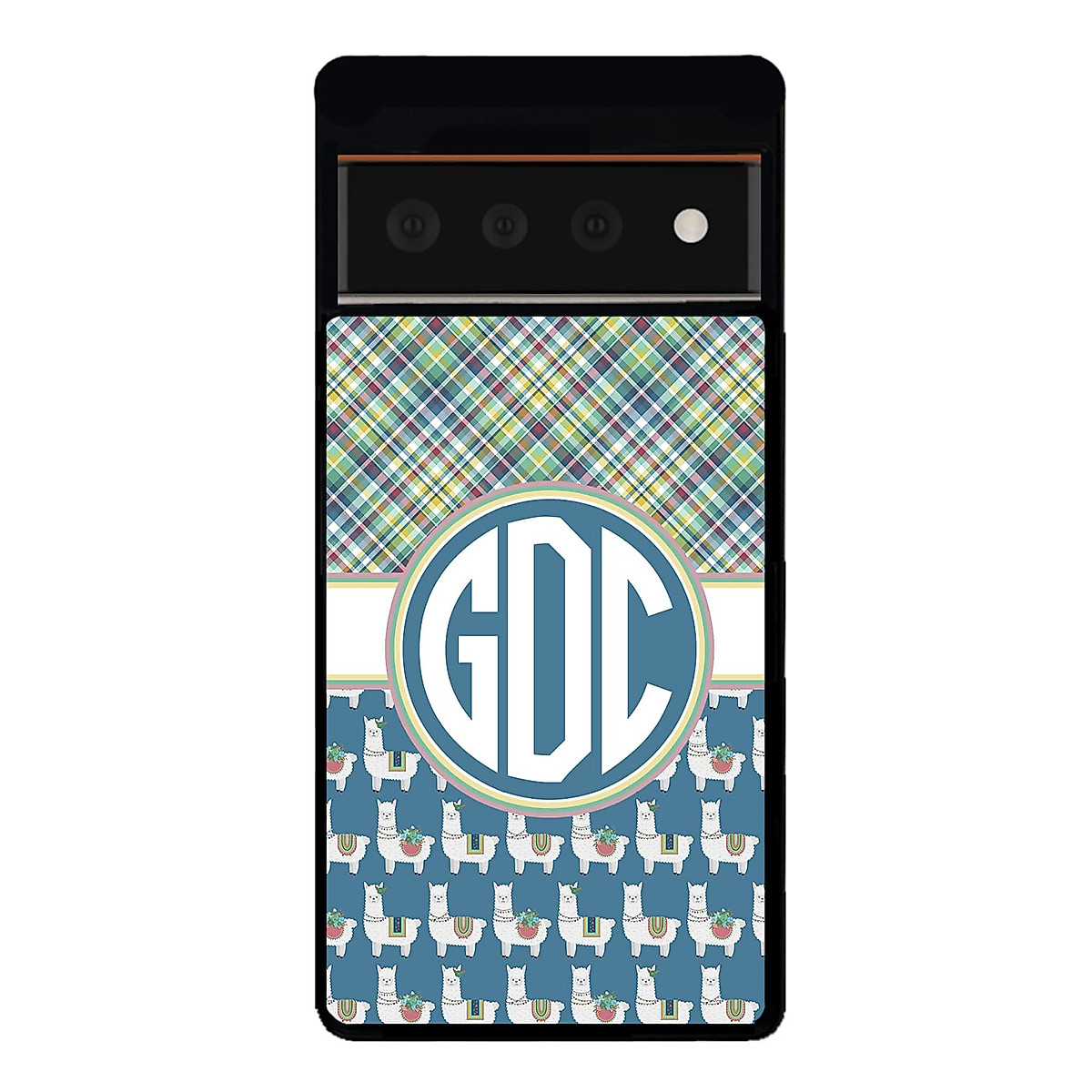 Green Blue and White Plaid Llama Monogram Black Rubber Phone Case Compatible With Google Pixel 8 Pro, 8a, 8, 7a, 7, Pixel 7 Pro, 6a, Pixel 6 Pro, 6, 5, 4a 5G, 4a 4G, 4, 4 XL, 3a, 3a XL, 3