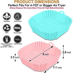 Air Fryer Silicone Pot, 2Pcs 8" Square Air Fryer Silicone Liners, Food Safe Non-Stick Air Fryers Oven Accessories, Reusable Replacement of Flammable Parchment Liner Paper for 4 To 7QT Air Fryer Square