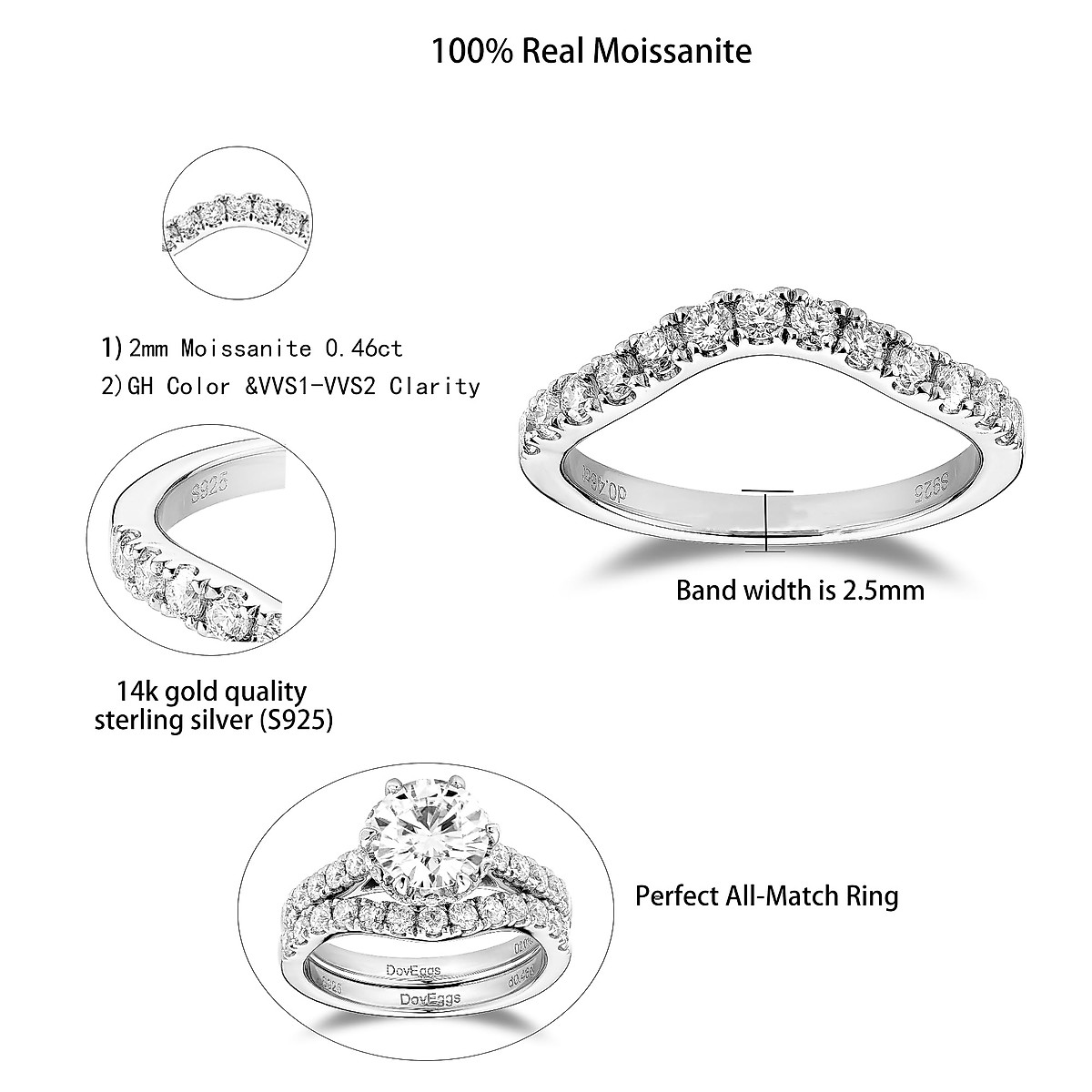 DovEggs 0.46CTW GHI 2mm Moissanite Lab Created Diamond Half Eternity Curved Wedding Band 14k Gold QUALITY Sterling Silver Wedding Engagement Rings for Women(7)