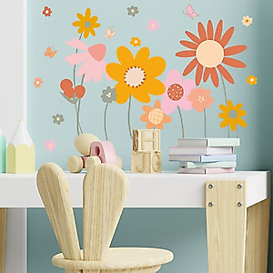 Runtoo Boho Flower Wall Decals Floral Retro Daisy Wall Art Stickers Garden Window Clings Living Room Girls Bedroom Kids Nursery Home Decor