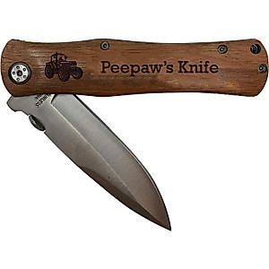 CustomGiftsNow Peepaw's Farming Tractor Folding Wood Pocket Knife with Pocket Clip