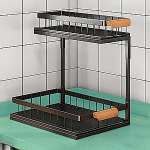 Tainrunse Sliding Cabinet Organizer Kitchen Shelf Maximize Storage with Durable 2-Tier Rust-Resistant Metal Construction for Easy Access Under Sink Narrow Black